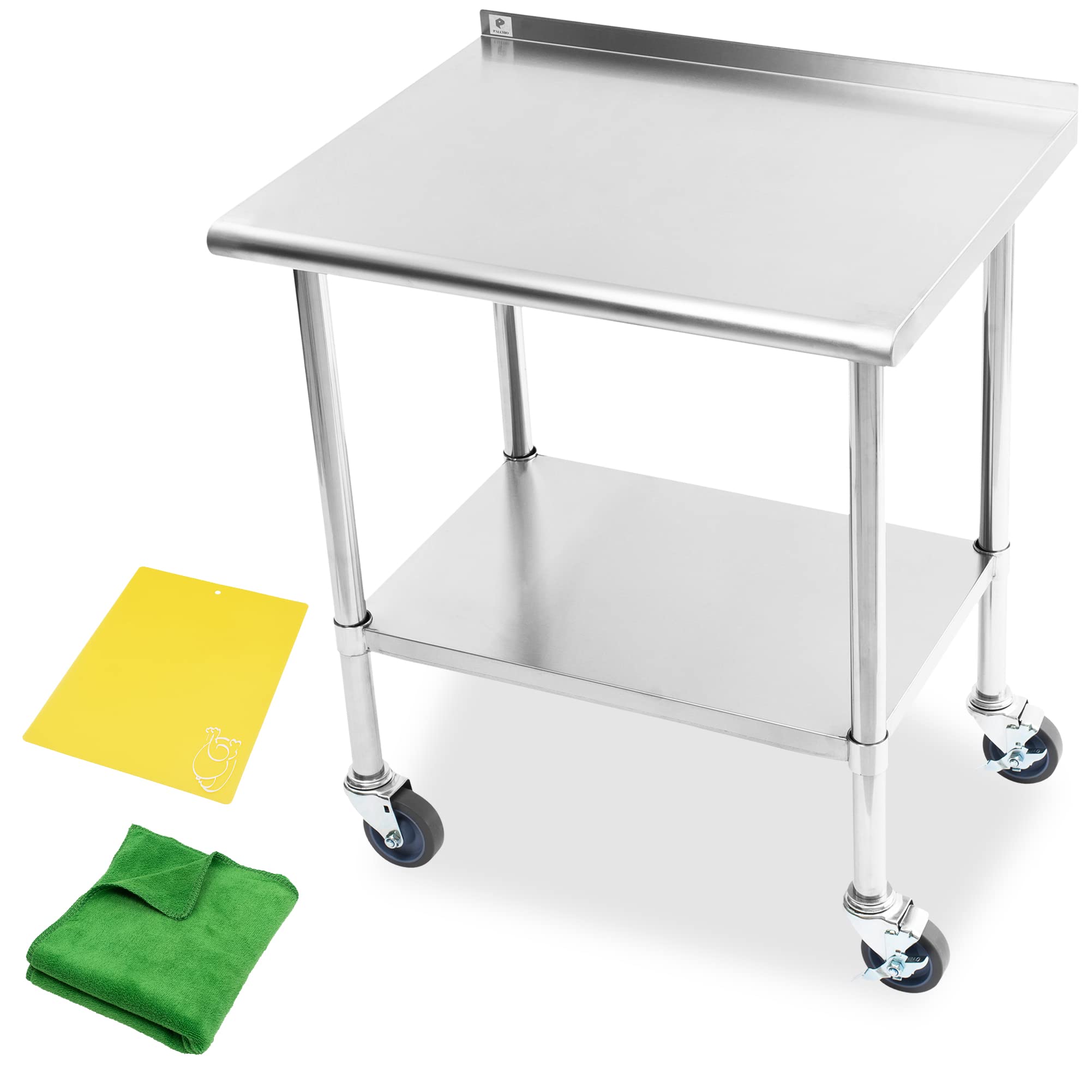 PALCHIO Stainless Steel Prep Table for Kitchen 30x24x34 - Food Prep Station with Backsplash, Shelf on Wheels for Commercial or Home Kitchen - Hotel, Restaurant Equipment with Cutting Board, Towel