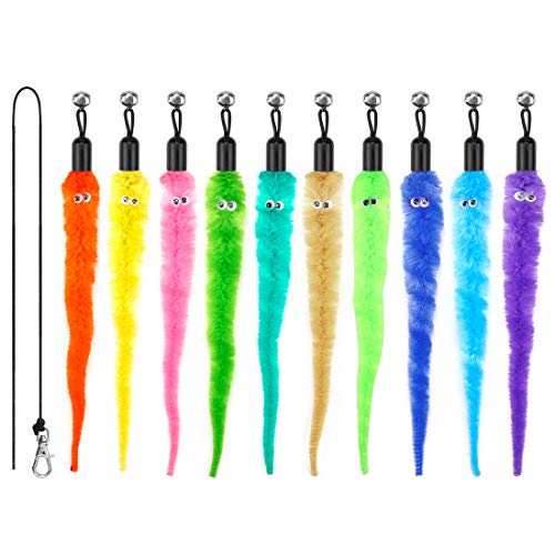 MeoHui Cat Wand Toys Refills, Cat Feather Toys Accessories, 10PCS Squiggly Worms Replacements and 1PC Replacement String for Cat Fishing Pole, Assorted Teaser Refills with Bell for Indoor Cats Kitten