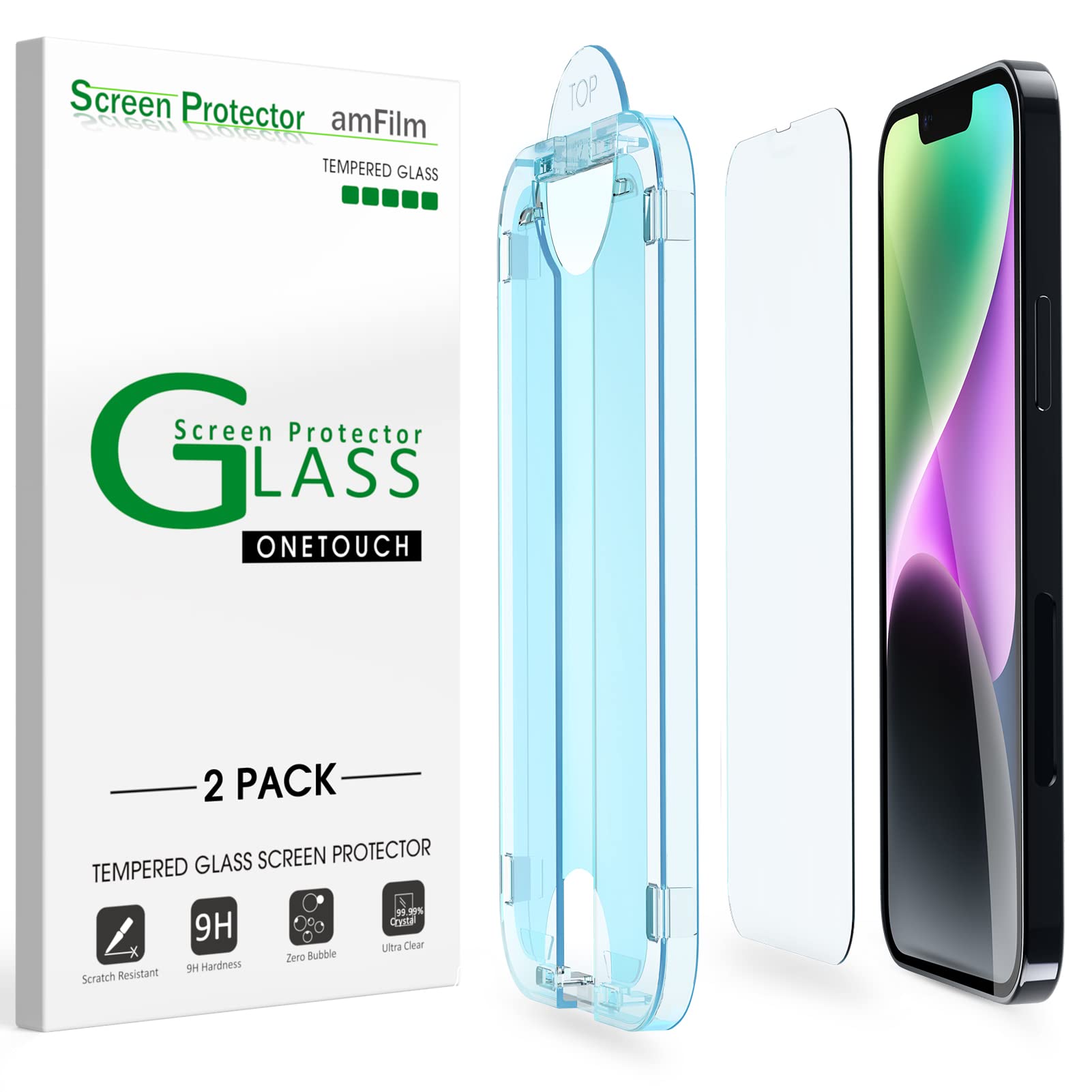 amFilm Screen Protector OneTouch for iPhone 14 Plus 6.7" 2022 iPhone 13 Pro Max 6.7" 2021 with Easy Installation Kit, Full Coverage Case Friendly, Tempered Glass, 2 Pack