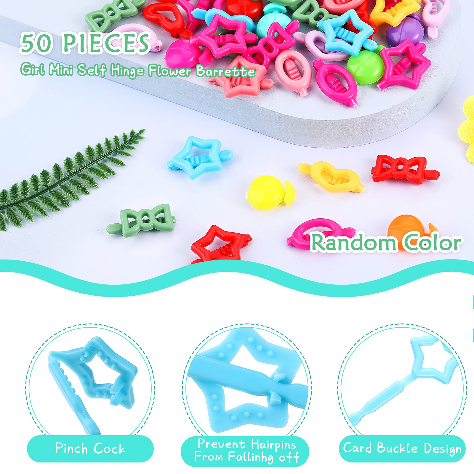 50 Pieces Plastic Barrettes Self Hinge Barrettes for Girl Mini Flower Bow Hair Colorful 80s 90s Cute Clip Multi Design Plastic Hair Pin in Candy Heart Star Shape Accessory(Classic Style)