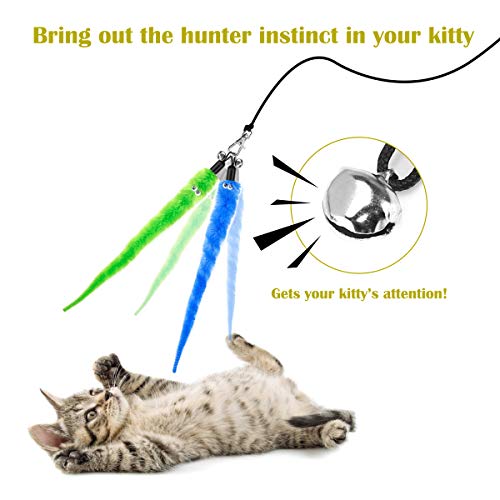 MeoHui Cat Wand Toys Refills, Cat Feather Toys Accessories, 10PCS Squiggly Worms Replacements and 1PC Replacement String for Cat Fishing Pole, Assorted Teaser Refills with Bell for Indoor Cats Kitten