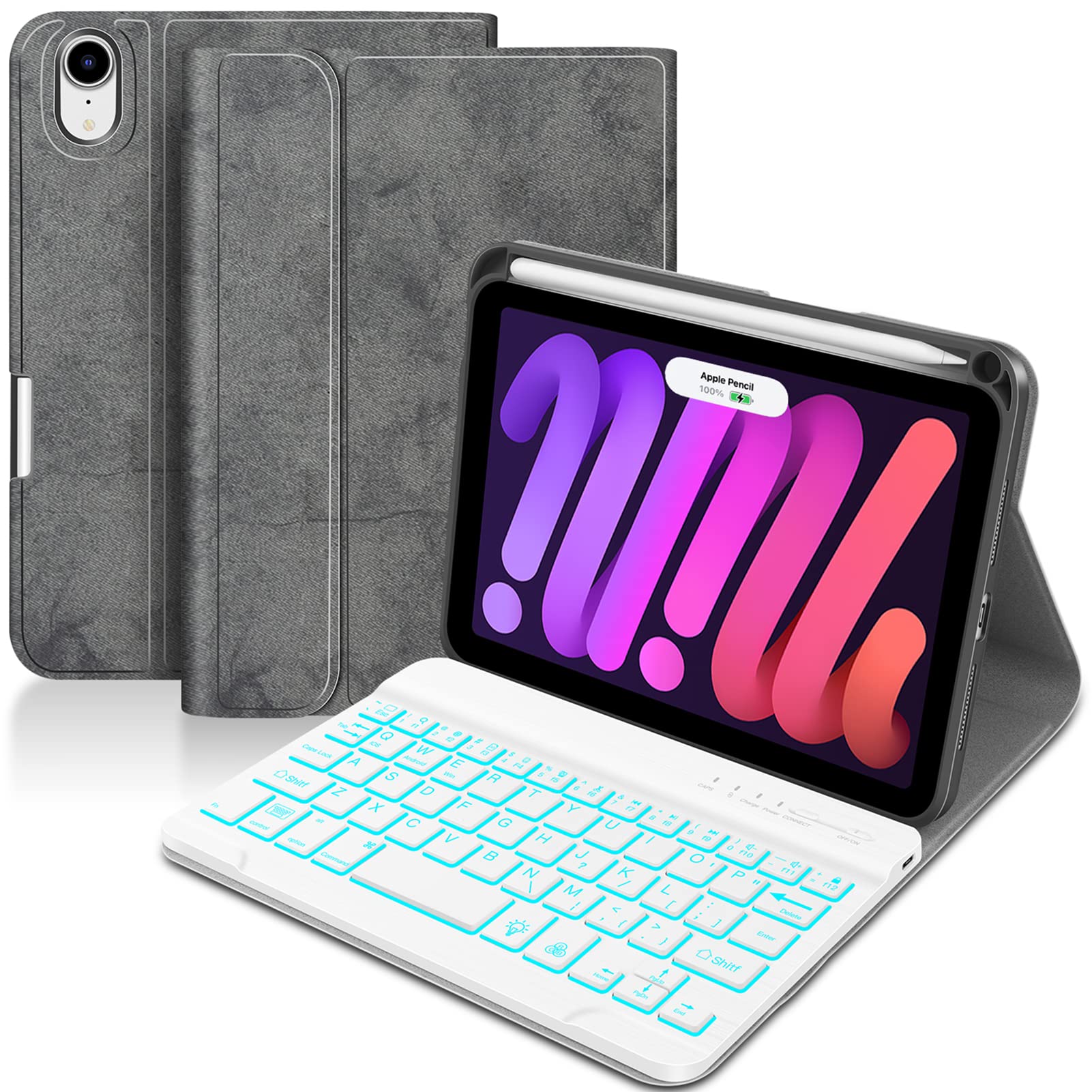 JUQITECH iPad Mini 6 Case with Keyboard - iPad Mini 6th 2021 8.3" Backlit Bluetooth Wireless Magnetic Detachable Rechargeable Keyboard Smart Folio Stand Honeycomb Tablet Cover with Pencil Holder, Gray