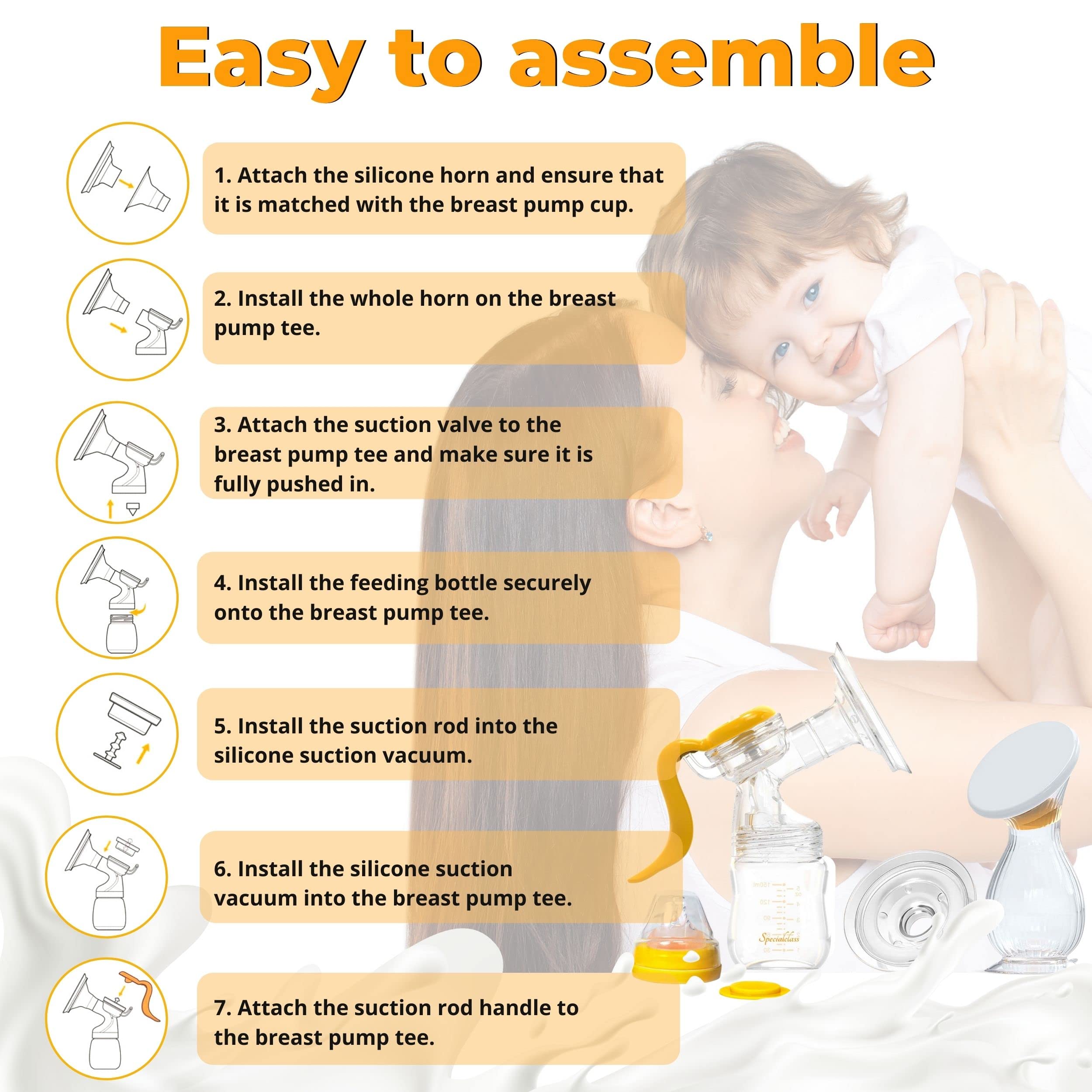 Specialclass Manual Breast Pump - Nursing Stuff for Breastfeeding Essentials, Breast Milk Storing Containers with 24mm and 28mm Silicone Flange Nipple Suction Cups