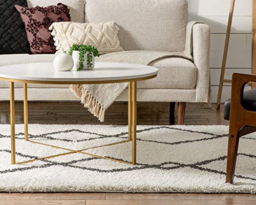 Well Woven Engren Ivory | Thick Nordic Shag | Tribal Diamond Area Rug 5x7 (5'3" x 7'3")