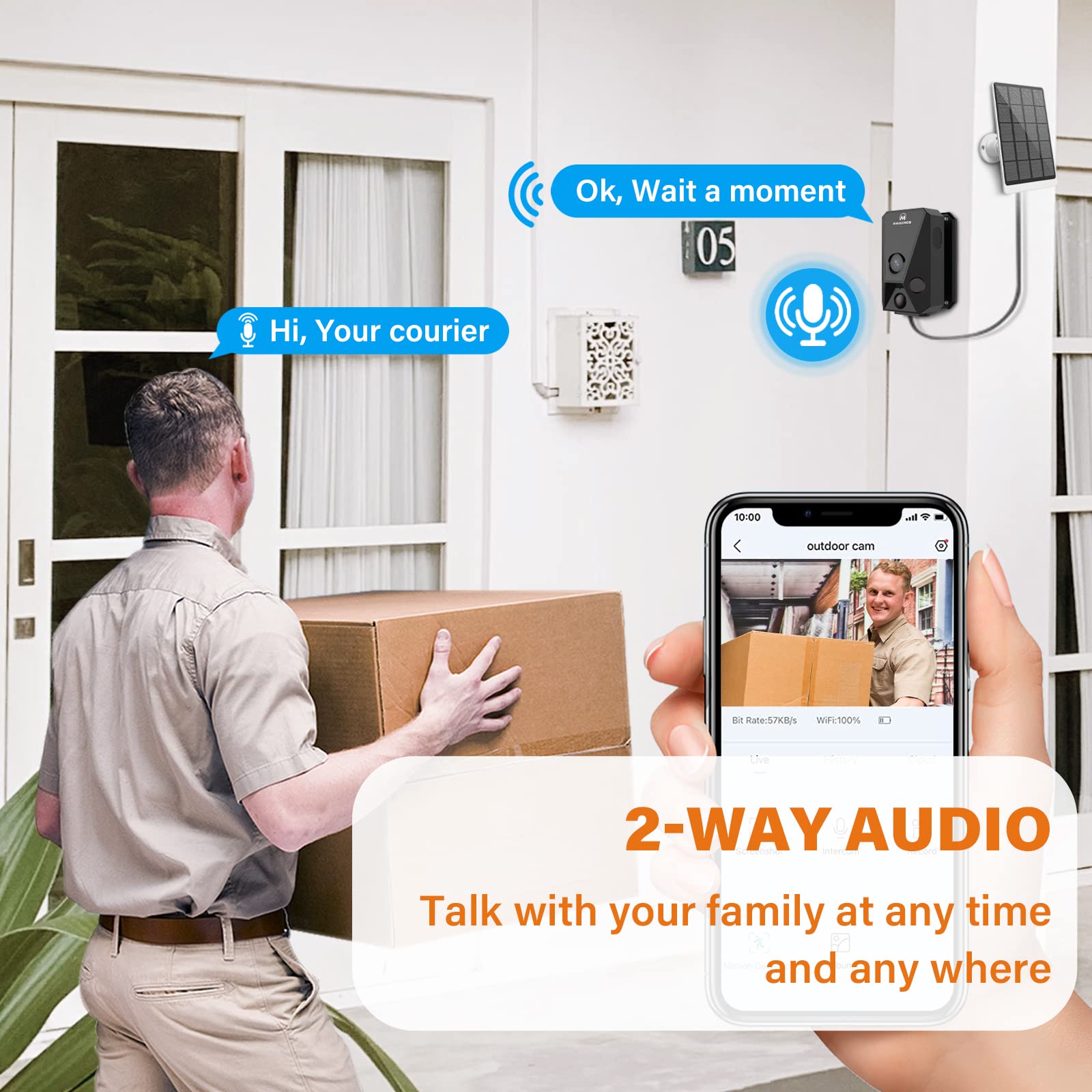 eMACROS Wireless Security Camera Outdoor, Solar Powered 2.4G WiFi Home Security System with Motion Detection and Siren,Two-Way Audio,HD 2K with Night Vision,IP65 Waterproof