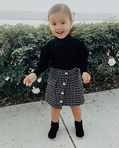 Kupretty Toddler Baby Girl Fall Winter Clothes Turtleneck Solid Knit Pullover Tops Plaid Button A-Line Skirts Set Outfits (Black Plaid Skirt Set, 3-4T)