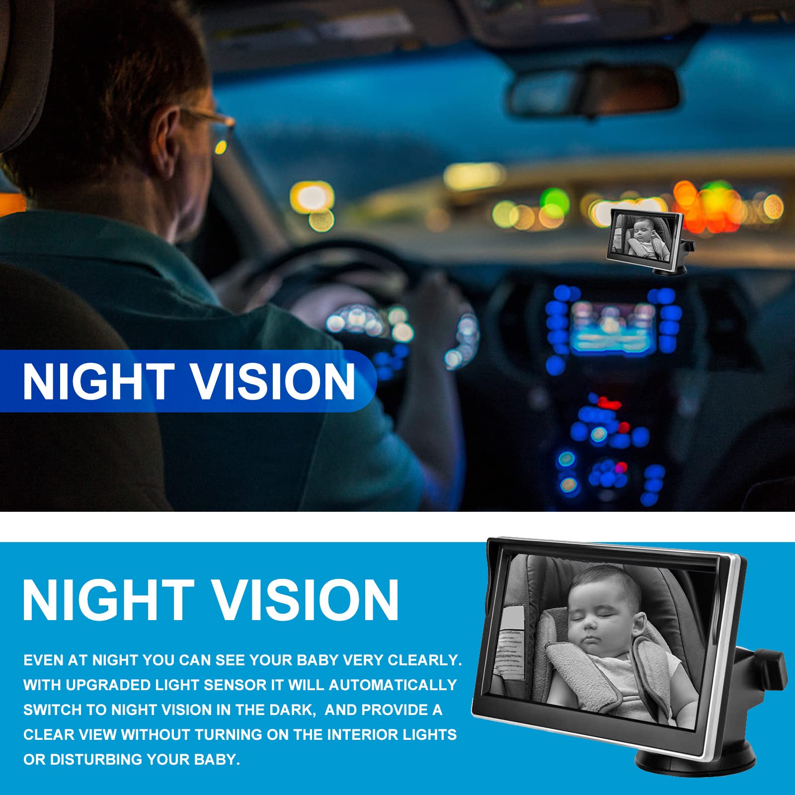 Baby Car Mirror, Baby Car Camera with 5'' HD Display, View Infant in Rear Facing Seat Baby Car Camera with Night Vision Function, Wide View, Easily Observe the Baby’s Move