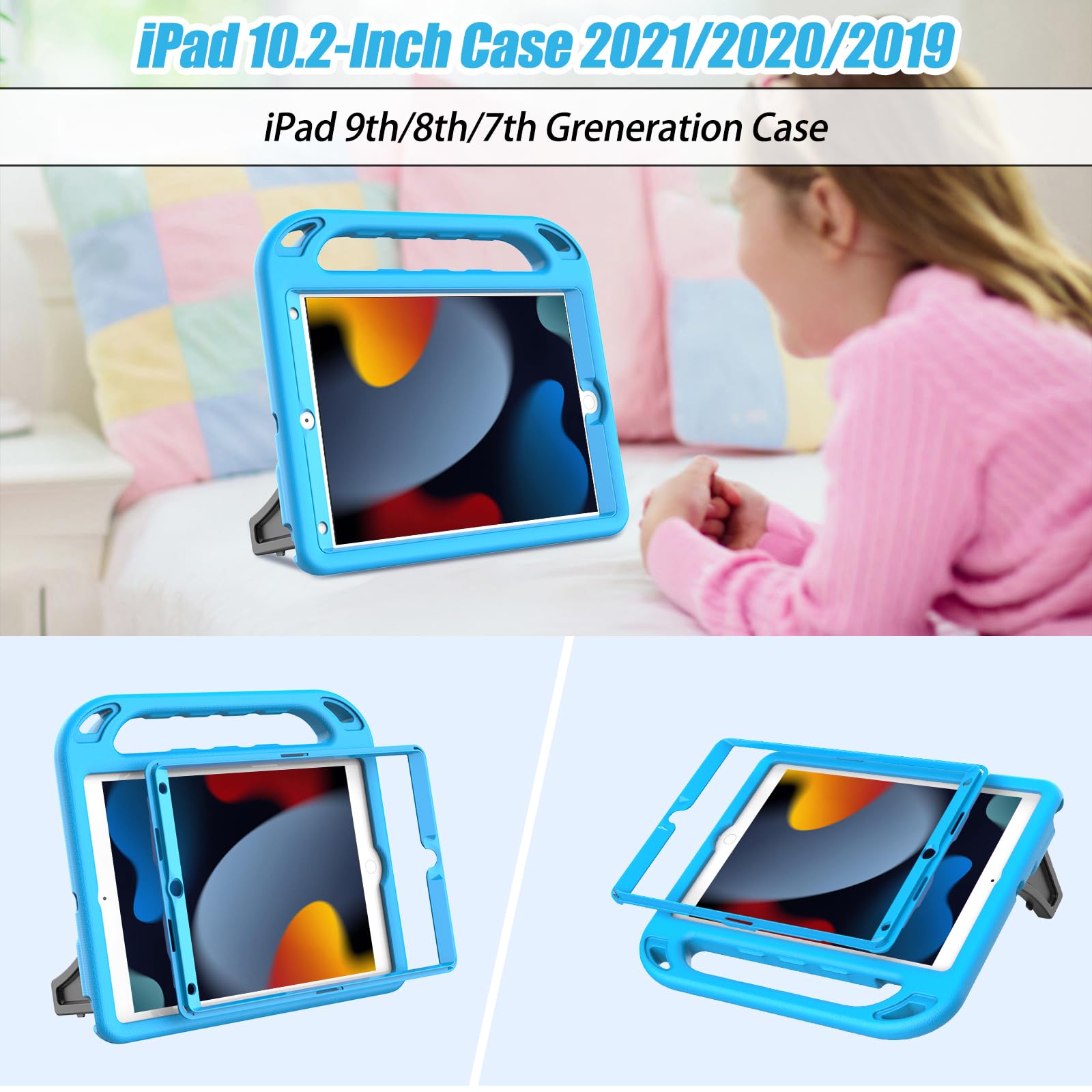 LTROP Kids Case for iPad 9th / 8th / 7th Generation 10.2-inch (2021/2020/ 2019), Shockproof iPad 10.2β Case with Built-in Screen Protector, Blue