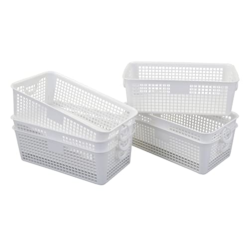 Sandmovie Rectangular Desktop Storage Basket, Plastic Storage Baskets, White, 6-Pack