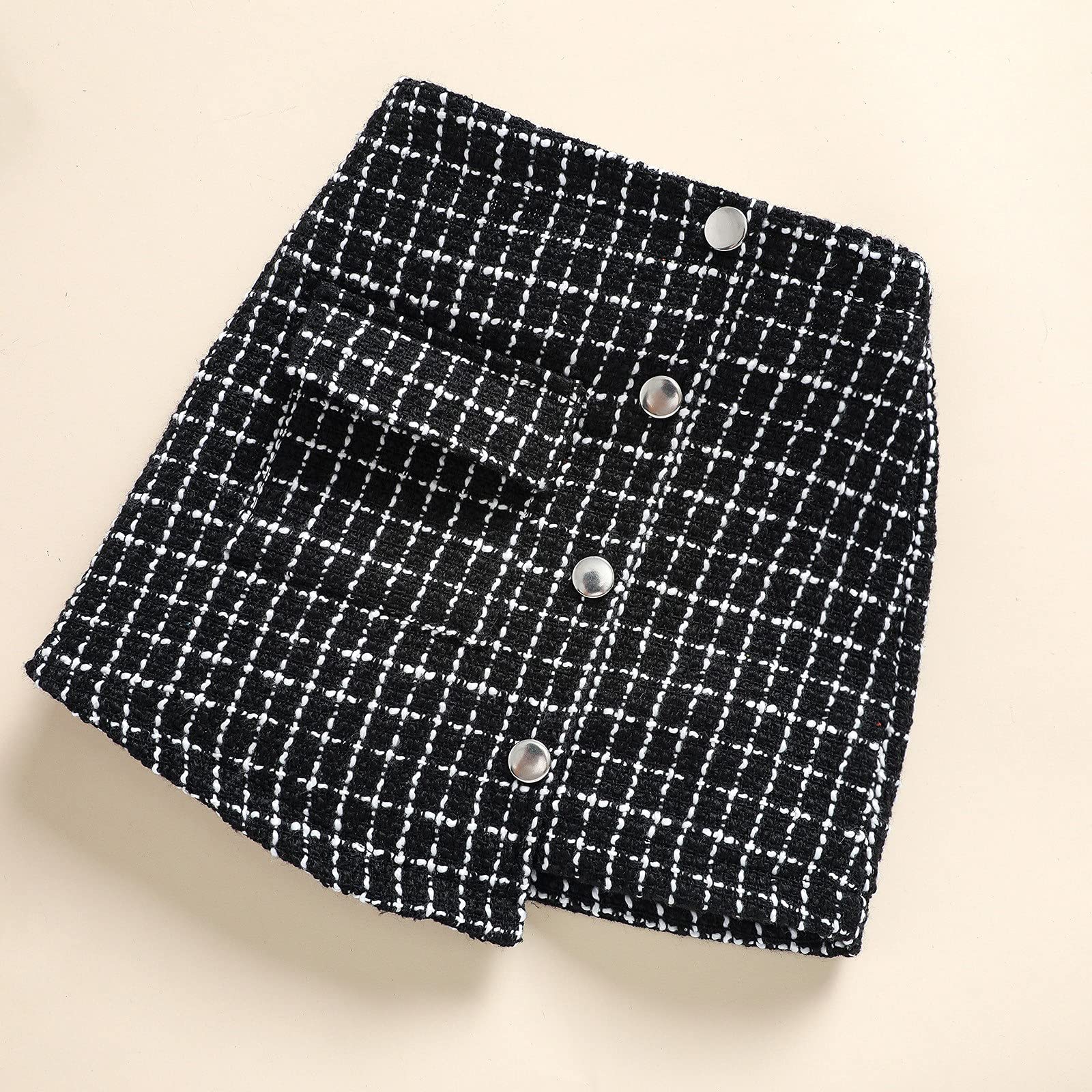 Kupretty Toddler Baby Girl Fall Winter Clothes Turtleneck Solid Knit Pullover Tops Plaid Button A-Line Skirts Set Outfits (Black Plaid Skirt Set, 3-4T)