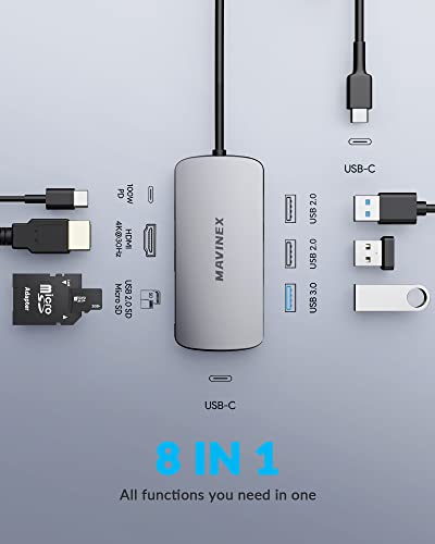 MAVINEX USB-C Hub, 8-in-1 USB-C to 4K HDMI AVINEX USB-C Adapter with USB 3.0 Port, USB 2.0 Ports, SD/Micro SD Card Reader, 100W Power Supply, Compatible with MacBook Pro Air HP XPS and