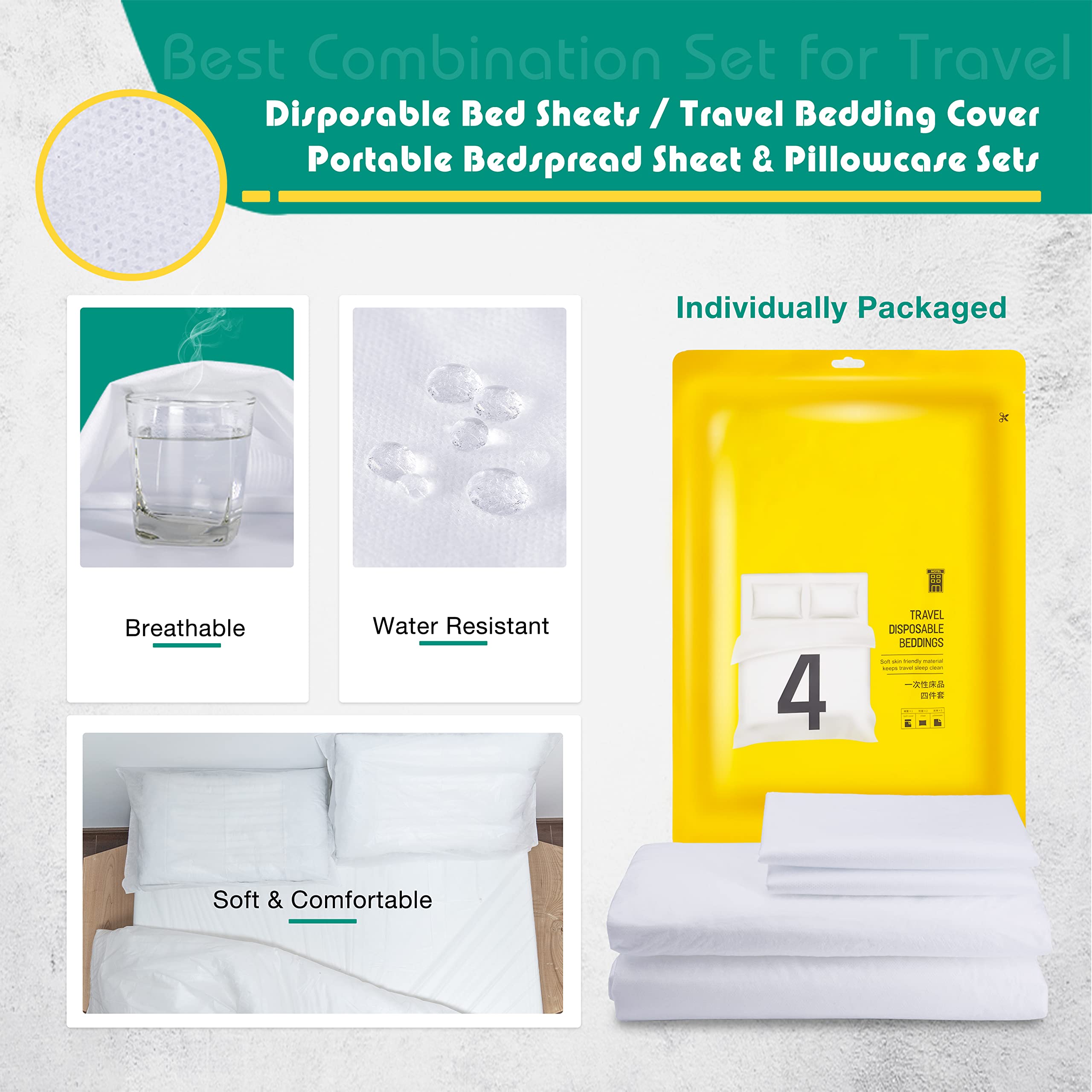 CLOVERCAT 8 PCS Disposable Bed Sheets Travel Sheets for Hotel, Disposable Bedding for Soft Breathable Bed Cover, Bed Sheet, Pillowcase, Towel Set for Trips, Hotels, Spa, Camping, Overnight Stay