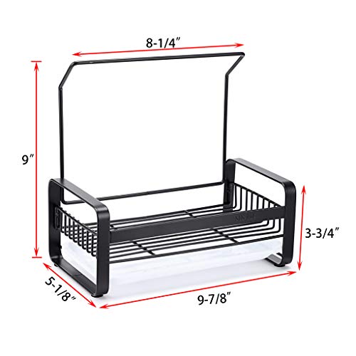 JUXYES Stainless Steel Sponge Holder with Dishcloth Drying Rack, Kitchen Sink Organizer Caddy Tray Sponge Brush Soap Holder with Removable Drain Tray for Kitchen (L, Black)