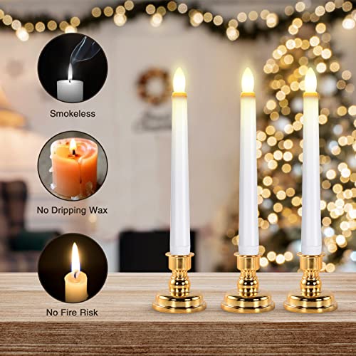 JOSU LED Window Candles, Christmas Flameless Window Candle Lights with Timer Battery Operated, 4 3D Wick Light Window Candle+4 Removable Gold Candle Holders+Remote, for Decor &Festival Celebration