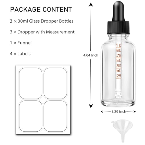 Bumobum Dropper Bottle 1 oz, Clear Glass Eye Dropper Bottles for Essential Oils with Labels and Funnel, 3 pack Tincture Bottle 30 ml with Measured Dropper