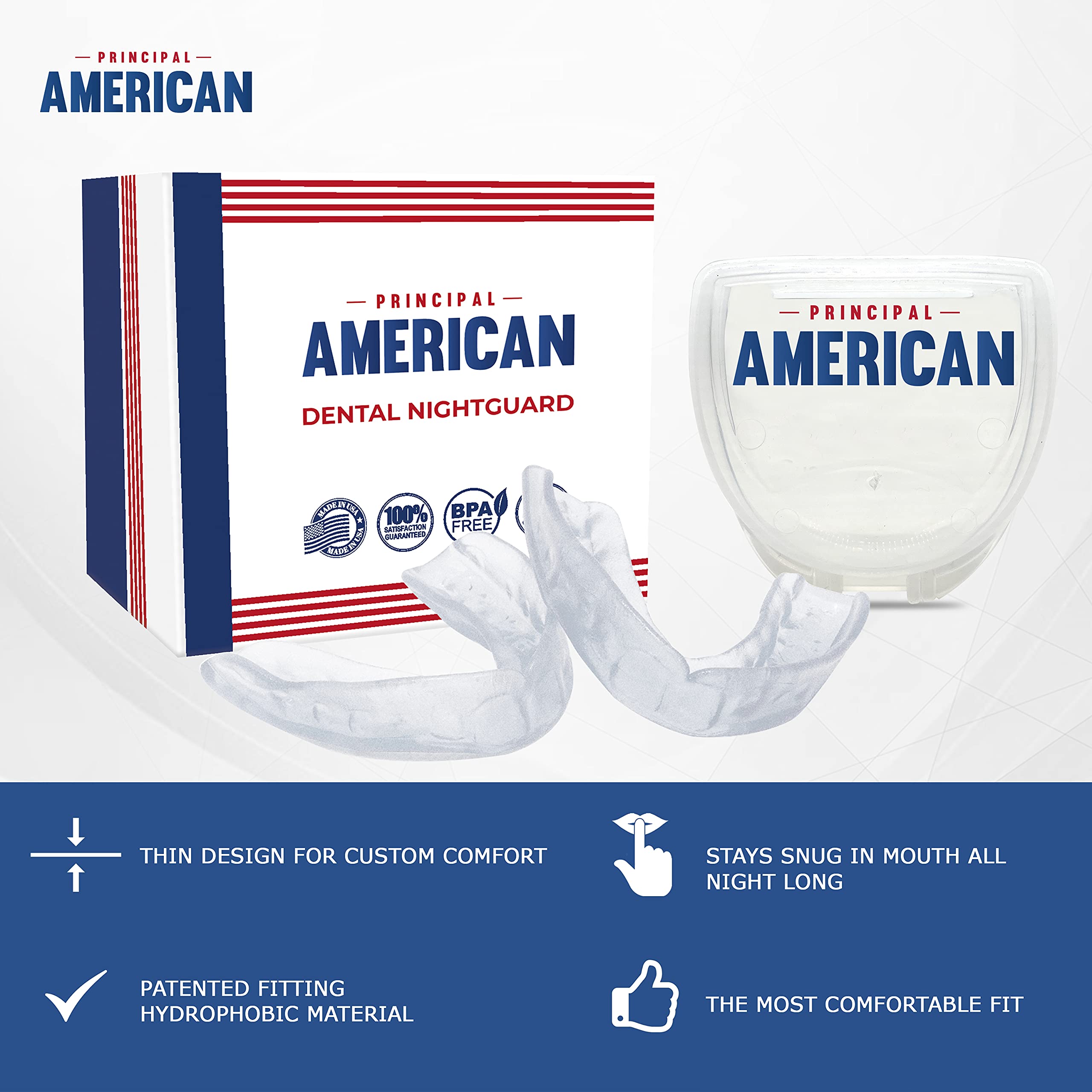 Principal American Custom Night Guards for Teeth Grinding, 2 Pack with Mouth Guard Case, USA Made, Mouth Guard for Clenching Teeth at Night, TMJ, Bruxism NightGuard - Moldable-Fit Dental Guard