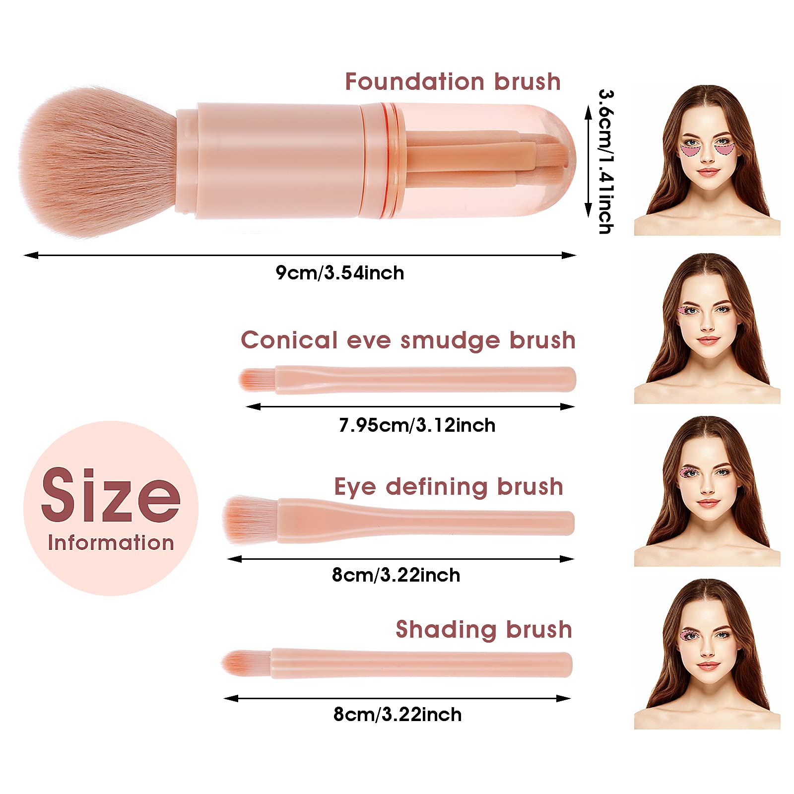 Molain Retractable Makeup Brush, 4 in 1 Portable Travel Lip Brush, Highlight Brush, Eyeshadow Brush, Foundation Blending Powder Brush Mini Facial Cosmetic Makeup Brush Set (Pink)