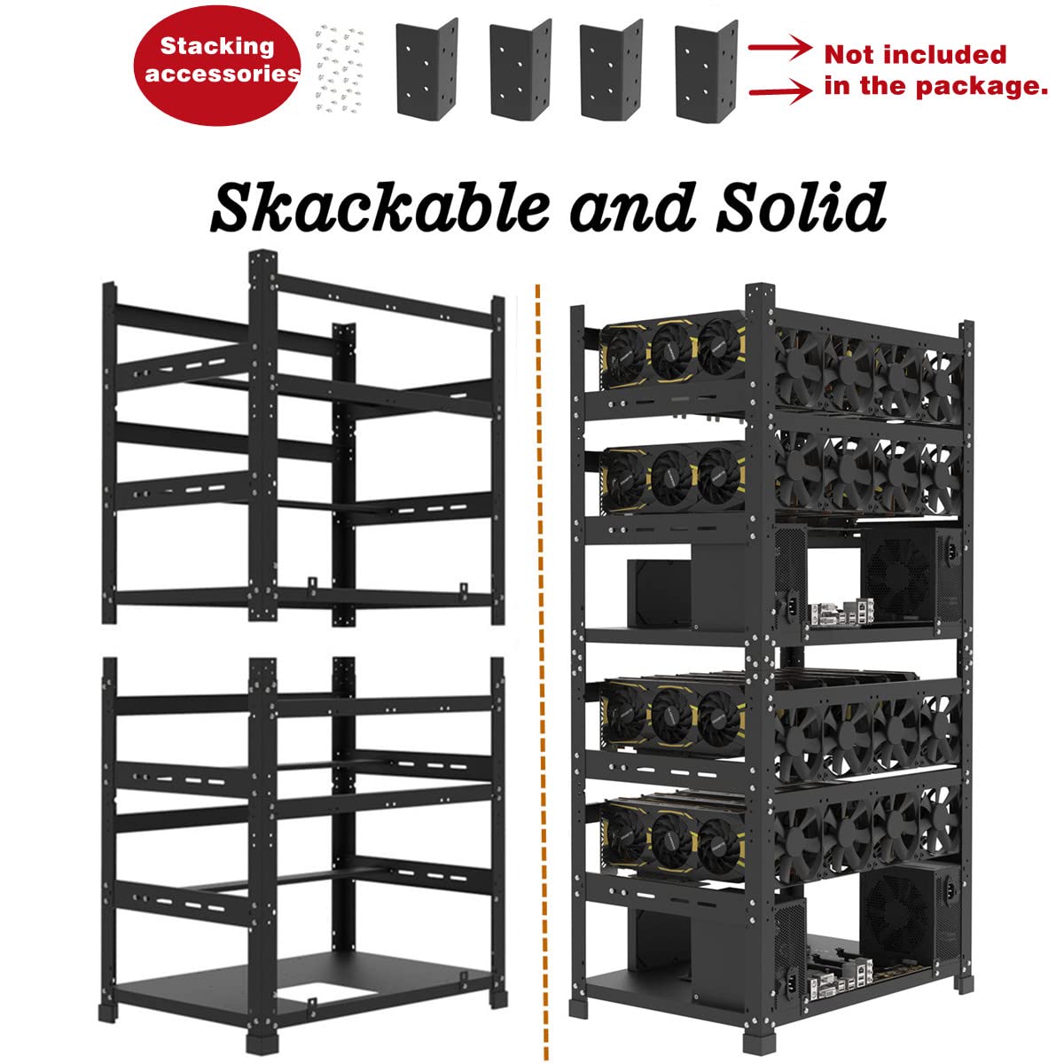 12GPU Stackable Mining Rig Frame, Steel Open Air Mining Rig Case, Solid Miner Frame for Crypto Ethereum ETH RVN Ergo Miner Mining Case Rack Fits Dual Power ATX Motherboard