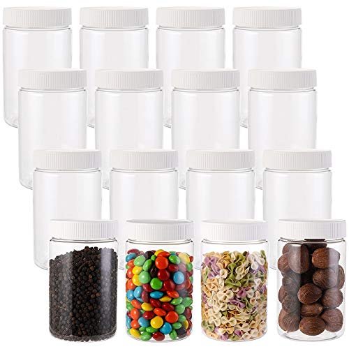 Tebery 16 Pack Clear Plastic Jars Bottles Containers 16oz Juice Bottles Water Bottles with White Ribbed Lids for Juicing, Smoothies, Kombucha, Tea, Milk Bottles, Homemade Beverages Bottle