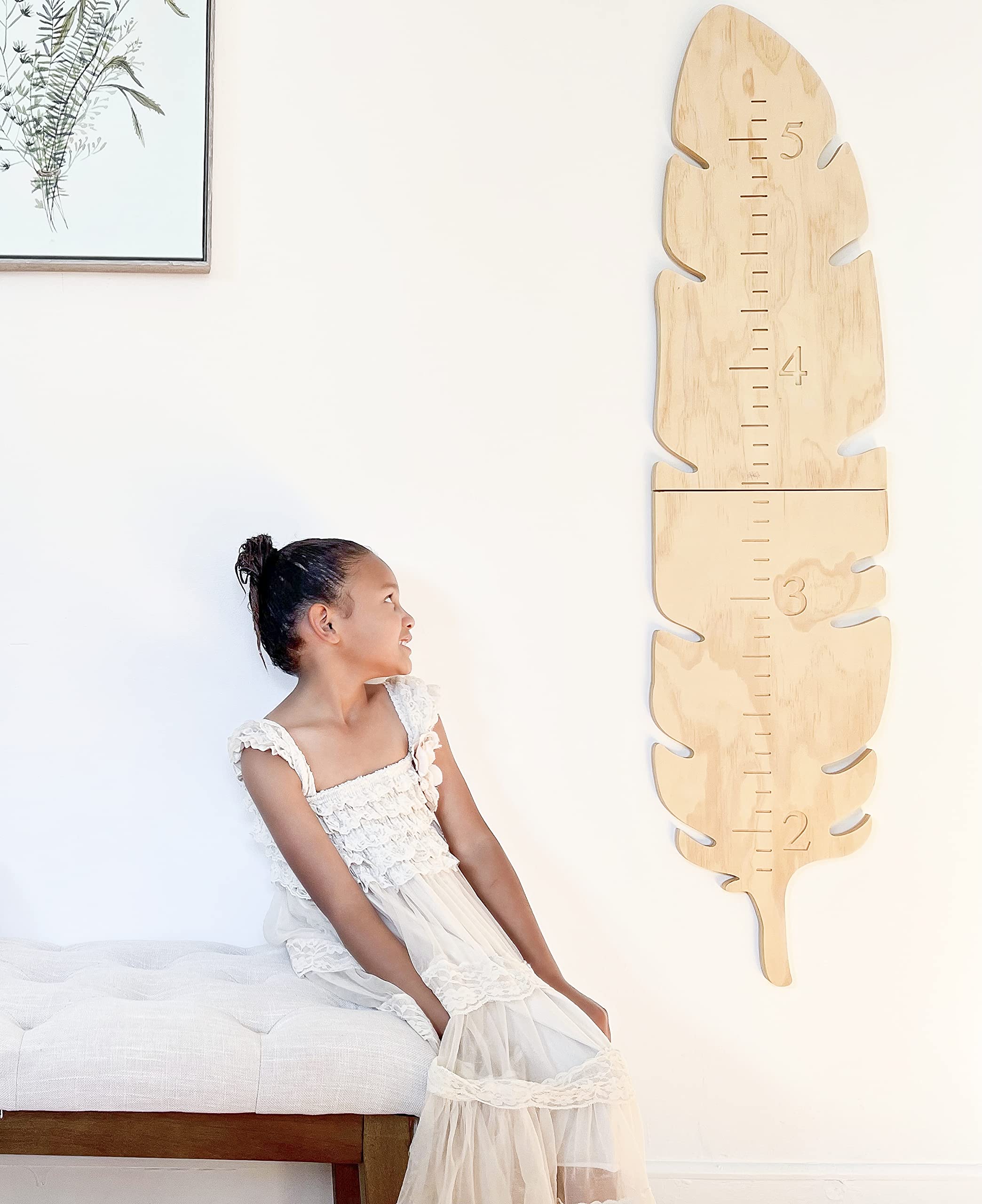 LittleRobbieCo. Wooden Growth Chart for Kids | Feather Design Height Chart for Kids | Natural Pine Laser Engraved Kids Growth Chart for Wall w/Mount | Foldable Kids Height Wall Chart