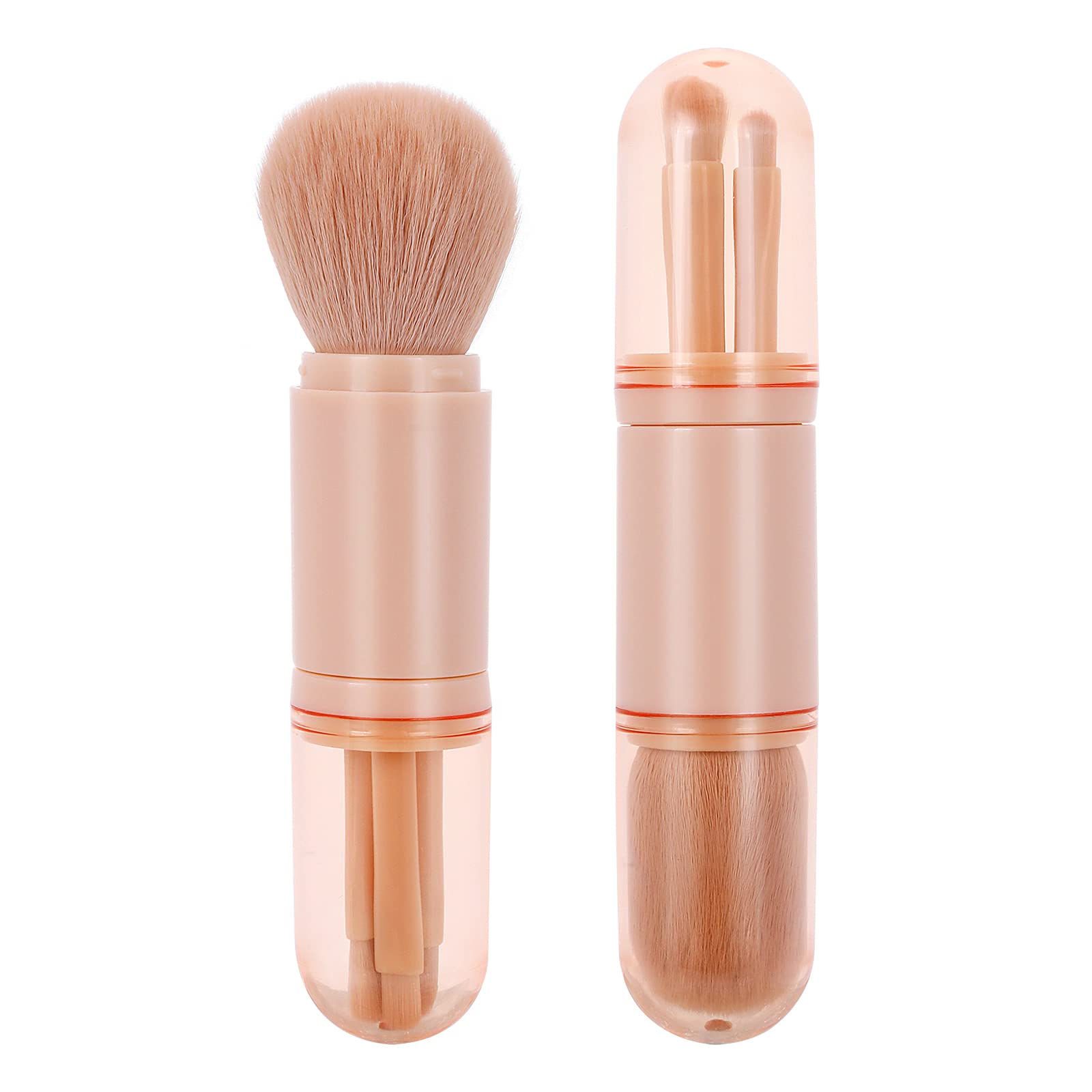 Molain Retractable Makeup Brush, 4 in 1 Portable Travel Lip Brush, Highlight Brush, Eyeshadow Brush, Foundation Blending Powder Brush Mini Facial Cosmetic Makeup Brush Set (Pink)