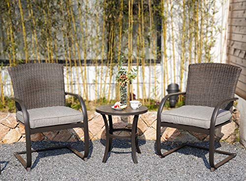 Grand patio 3 Piece Bistro Set, Outdoor Patio Rocking Wicker Chairs with Removable Cushions and Small Coffee Table, Heavy Duty Funiture Set for Porch, Balcony, Patio, Deck Backyard, Garden, Grey