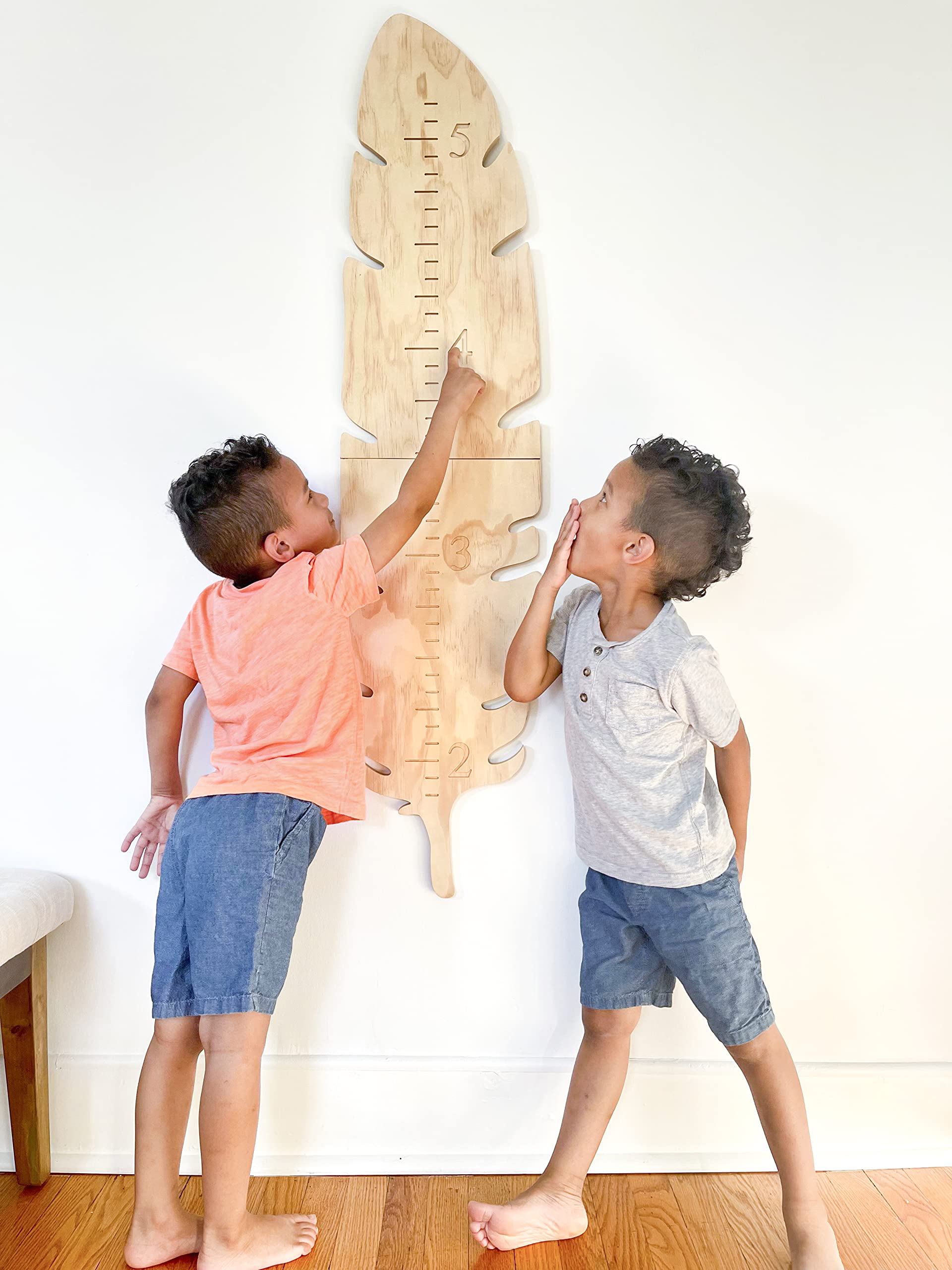 LittleRobbieCo. Wooden Growth Chart for Kids | Feather Design Height Chart for Kids | Natural Pine Laser Engraved Kids Growth Chart for Wall w/Mount | Foldable Kids Height Wall Chart