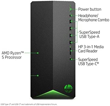 HP 2022 Pavilion Gaming Desktop, AMD Ryzen 5 5600G 6-Core Processor, AMD Radeon RX5500 4 GB, 8GB RAM, 256GB SSD, HDMI, WiFi, Bluetooth, Mouse + Keyboard, Windows 11 Home, Black, IFT 32GB USB Drive