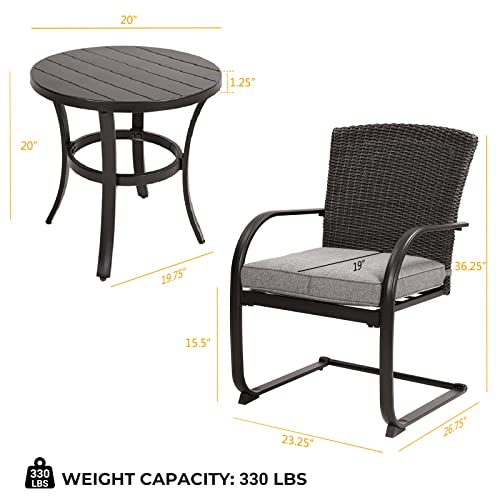 Grand patio 3 Piece Bistro Set, Outdoor Patio Rocking Wicker Chairs with Removable Cushions and Small Coffee Table, Heavy Duty Funiture Set for Porch, Balcony, Patio, Deck Backyard, Garden, Grey