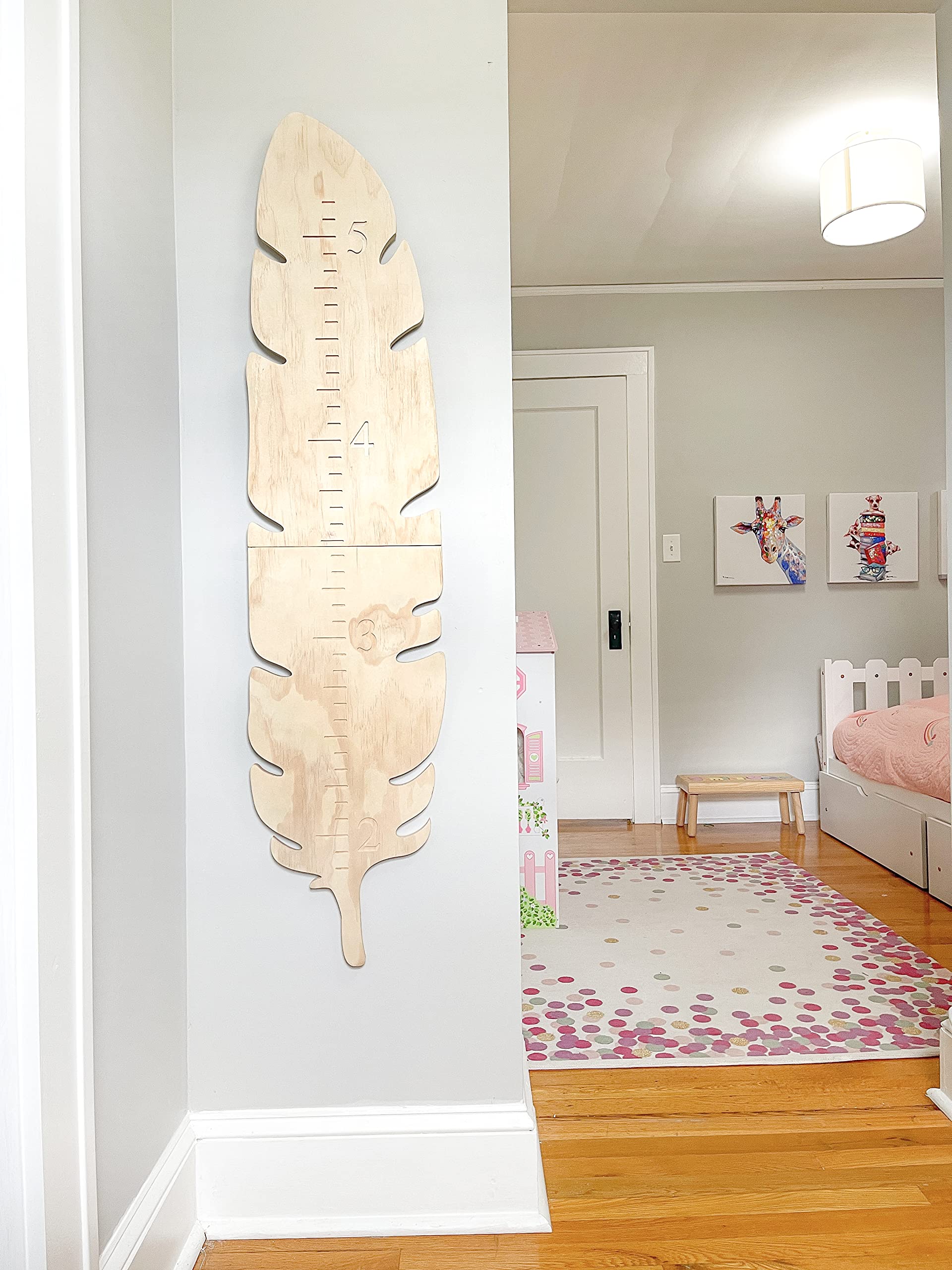 LittleRobbieCo. Wooden Growth Chart for Kids | Feather Design Height Chart for Kids | Natural Pine Laser Engraved Kids Growth Chart for Wall w/Mount | Foldable Kids Height Wall Chart