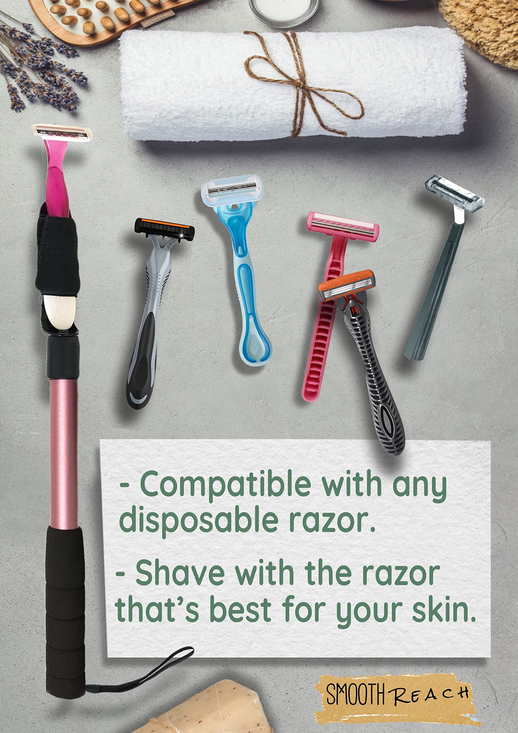 Universal Leg Shaving Extension Handle with Adjustable Length – Leg Hair Removal – Body Shaver Groomer – Pregnancy Razor Extension – Limited Mobility Tool – Use with Various Disposable Razors (Pink)