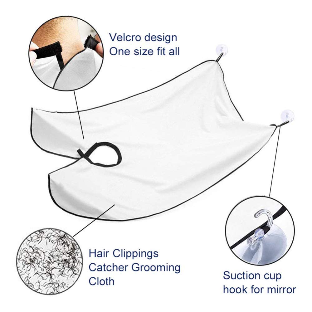 HuaShanDa Beard Bib Beard Apron, Beard Catcher for Men Shaving and Trimming, Waterproof and Non-Stick Beard Cape Grooming Cloth with 4pcs Suction Cups and Travel Pouch, Best Gifts for Men- White