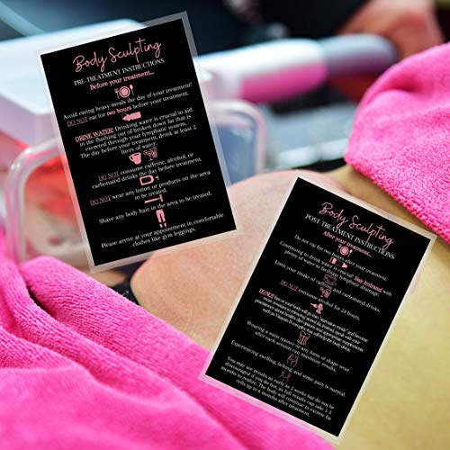 Body Sculpting Pre and Post Treatment Information Cards | 30 Pack | 4x6” inch Large Postcard Size | Black with Rose Gold Design