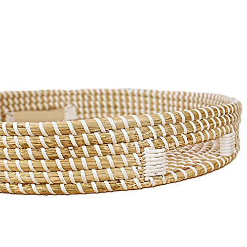 Natural Seagrass Woven Basket Round Serving Tray with Handles Coffee Table Tray Hand Woven Storage Basket for Fruit, Tea, Bread, Breakfast, Drinks, Snack Woven Tray (White Round Tray)