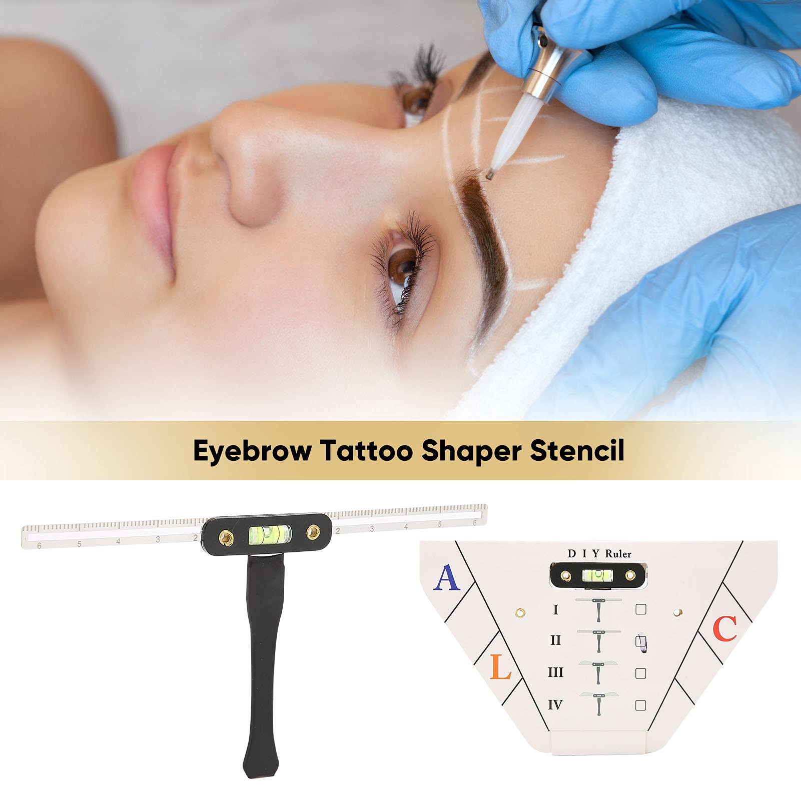 Eyebrow Ruler, Eyebrow Tattoo Shaper Stencil Stainless Steel Semi‑Permanent Eyebrow Measuring Tool Eyebrow Makeup Template Ruler Eyebrow Stencil Ruler Sticker(Ⅱ(Level Meter Dragonfly Ruler))