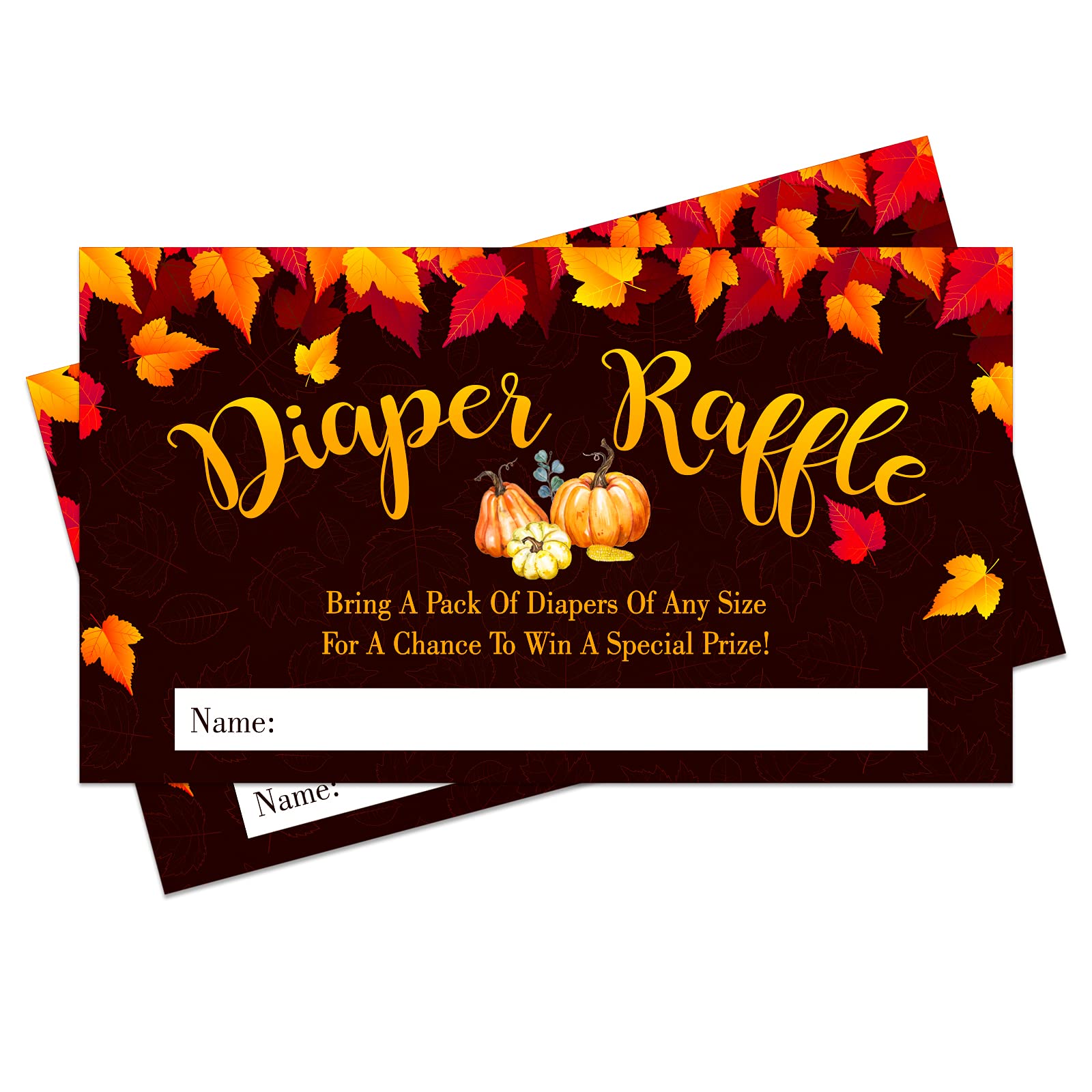 XJF 50 Pack Diaper Raffle Tickets 2*3.5inch Baby Shower Invitations Cards Maple Leaves Baby Shower Cards for Girl or Boy Baby Shower Game Bring a Pack of Diapers to Win Favors Yellow BS-CJK-NG-1
