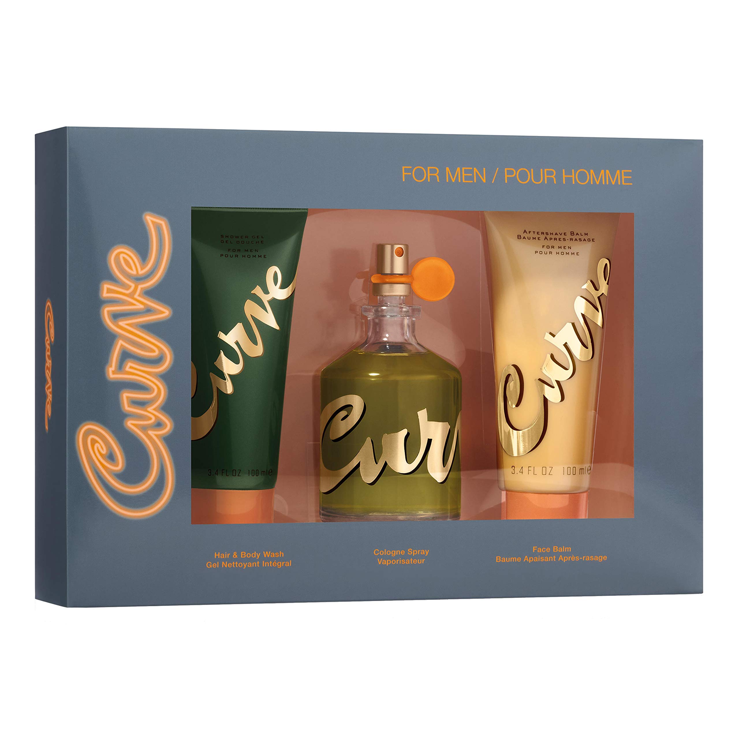 Curve Men's Cologne Gift Set, 3 Pieces Include 4.2 Fl Oz Cologne, Hair and Body Wash, and Face Balm