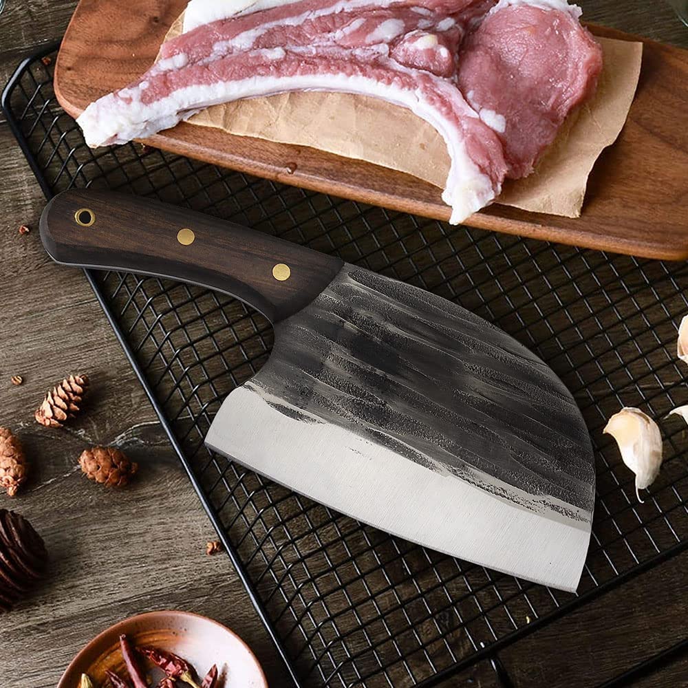 MannyGa Meat Cleaver Knife 6 Inch Serbian Chef Knife Ultra Sharp 5Cr15 Stainless Steel Butcher Knife with Full Tang Handle for Home Kitchen and Outdoor Cooking.