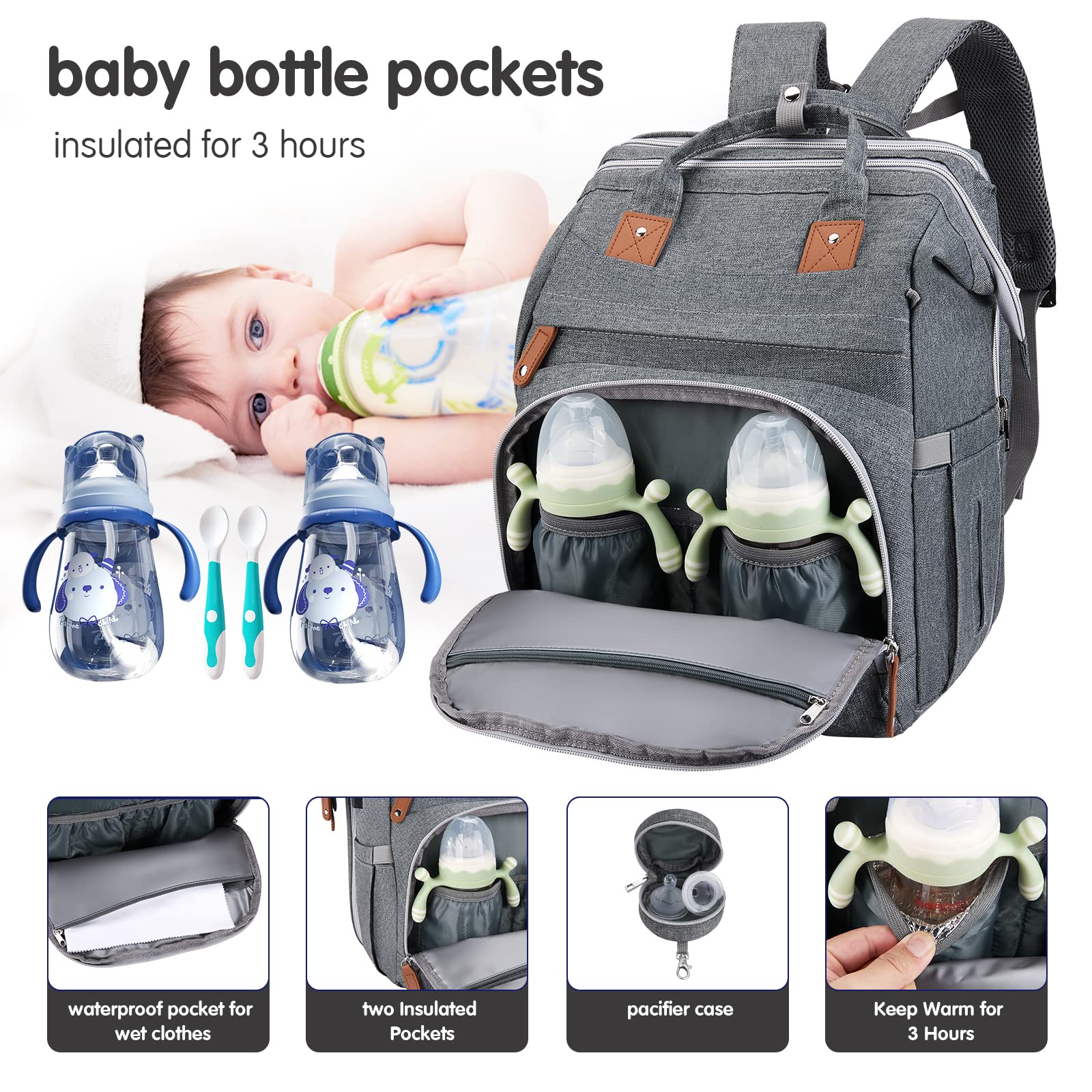DERJUNSTAR Diaper Bag Backpack β Large Capacity Baby Diaper Bag with Changing Pad, Waterproof Travel Backpack for Boys & Girls, Multi-Function Baby Bag with USB Charging Port, Grey