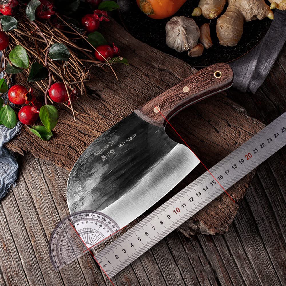 MannyGa Meat Cleaver Knife 6 Inch Serbian Chef Knife Ultra Sharp 5Cr15 Stainless Steel Butcher Knife with Full Tang Handle for Home Kitchen and Outdoor Cooking.