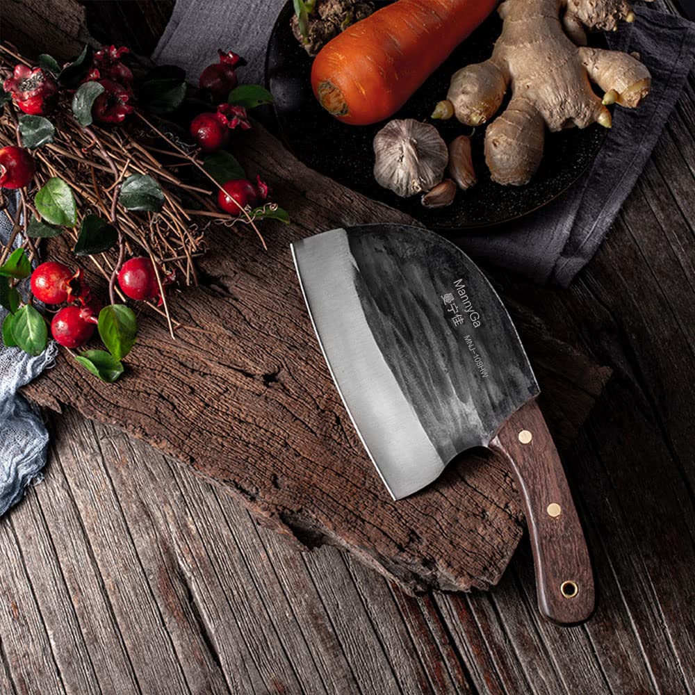 MannyGa Meat Cleaver Knife 6 Inch Serbian Chef Knife Ultra Sharp 5Cr15 Stainless Steel Butcher Knife with Full Tang Handle for Home Kitchen and Outdoor Cooking.