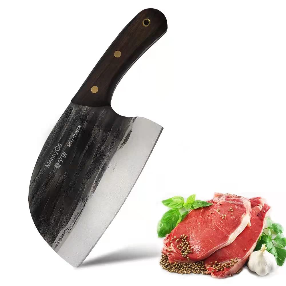 MannyGa Meat Cleaver Knife 6 Inch Serbian Chef Knife Ultra Sharp 5Cr15 Stainless Steel Butcher Knife with Full Tang Handle for Home Kitchen and Outdoor Cooking.