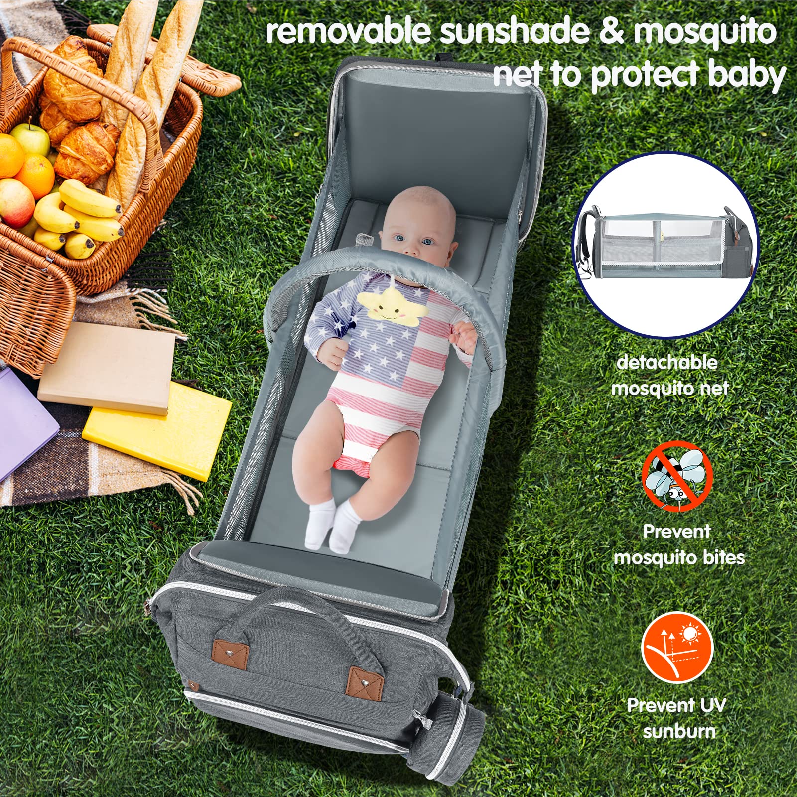 DERJUNSTAR Diaper Bag Backpack β Large Capacity Baby Diaper Bag with Changing Pad, Waterproof Travel Backpack for Boys & Girls, Multi-Function Baby Bag with USB Charging Port, Grey
