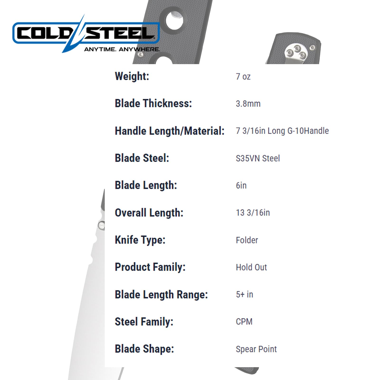 COLD STEEL Hold Out 6" S35VN Plain Blade 7.2" G-10 Handle Everyday Carry Pocket Folding Knife w/Tri-Ad Lock, Pocket Clip