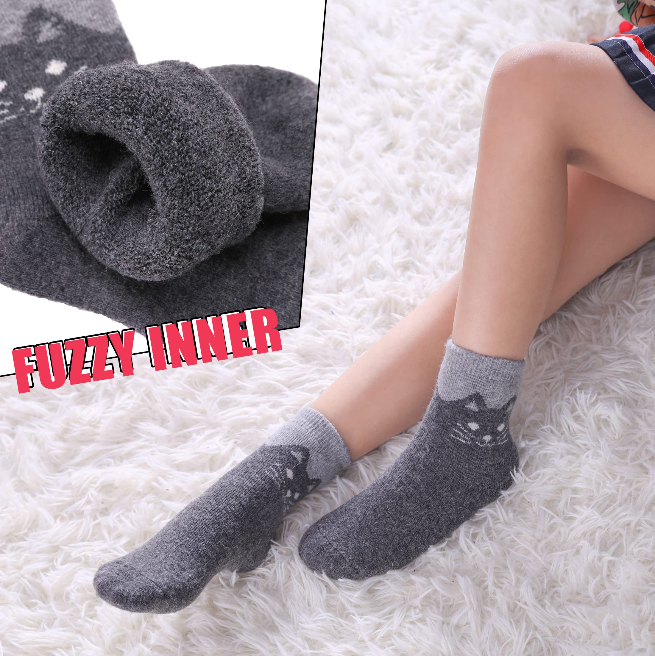 MQELONG Wool Socks for Kids Boys Girls Winter Warm Wool Hiking Thick Boot Cozy Crew Socks 6 Pairs (6 Pairs Cat, 4-7 Years)