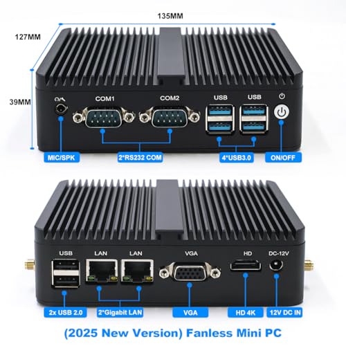 WEIDIAN Fanless Mini PC Industrial Win 11 Pro Celeron J4125 8GB RAM 128GB SSD, 2*COM RS232, 2*Gigabit LAN, 2*Displays HD VGA Small Desktop PC Computer for Industrial Business Office Auto Power On