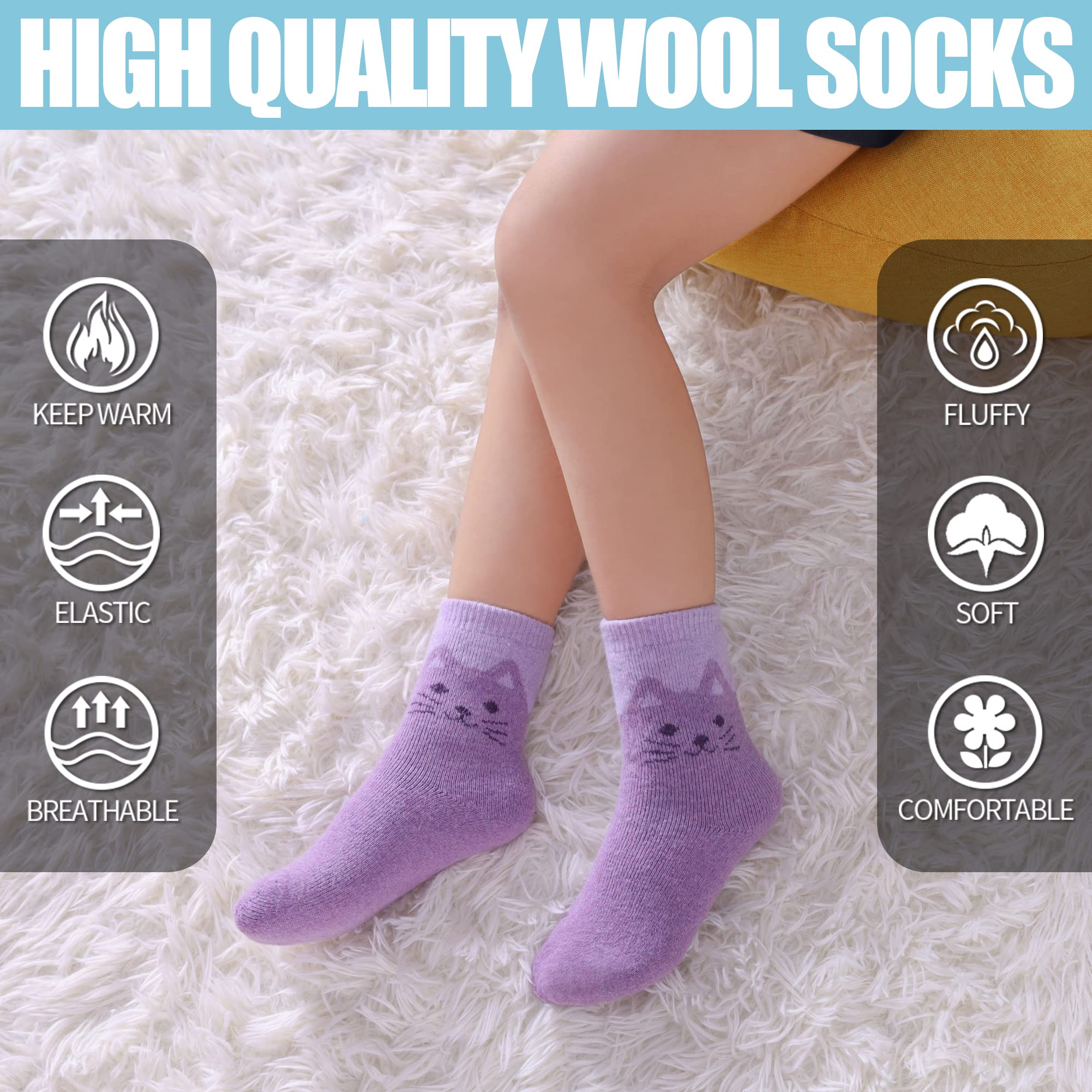 MQELONG Wool Socks for Kids Boys Girls Winter Warm Wool Hiking Thick Boot Cozy Crew Socks 6 Pairs (6 Pairs Cat, 4-7 Years)