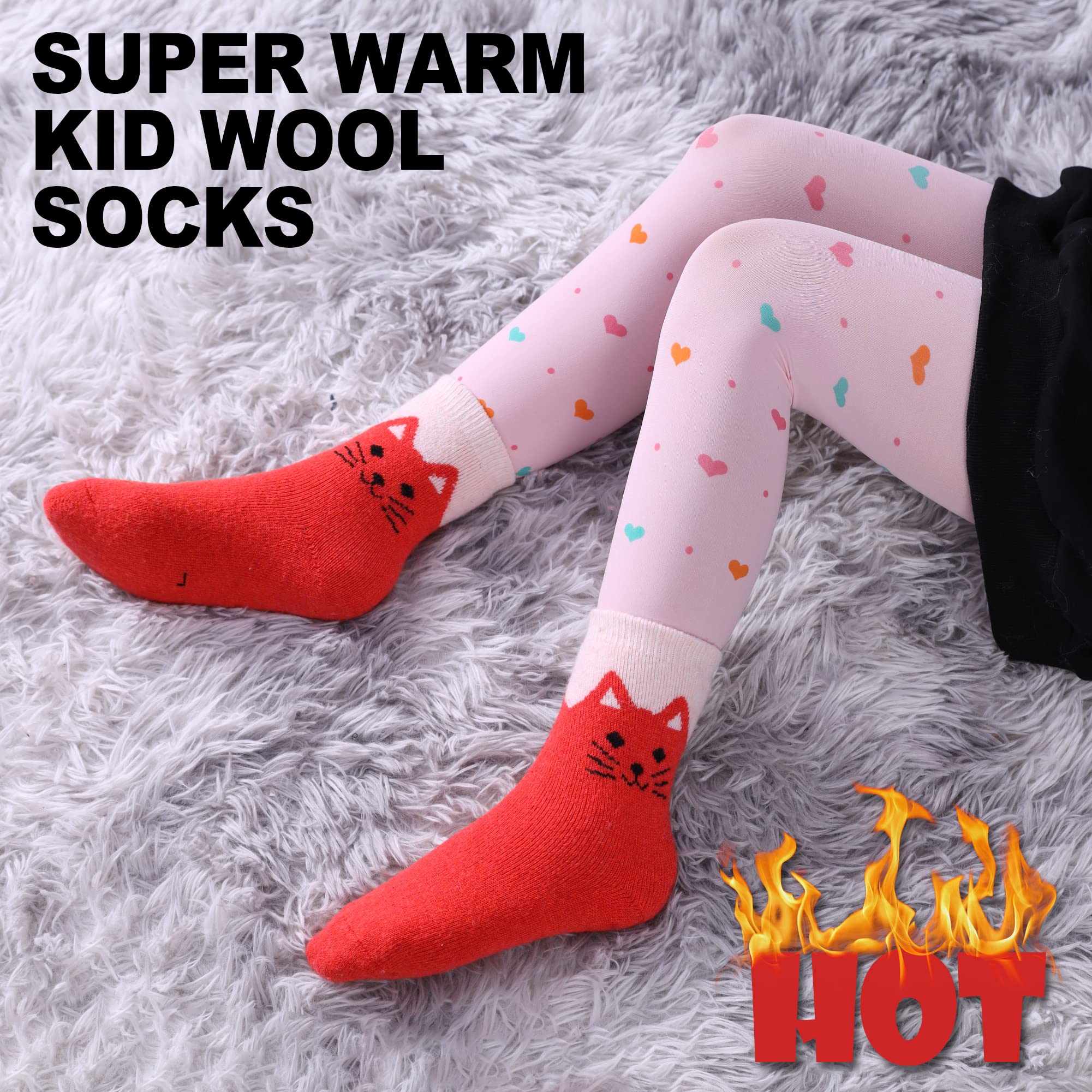 MQELONG Wool Socks for Kids Boys Girls Winter Warm Wool Hiking Thick Boot Cozy Crew Socks 6 Pairs (6 Pairs Cat, 4-7 Years)