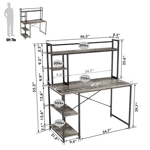 Nost & Host Computer Desk with Hutch & Bookshelf | Home Office Desks with 2-Tier Adjustable Shelves | Sturdy Desk for Writing and Gaming | Easyt o Assemble 47.2 inches Gray
