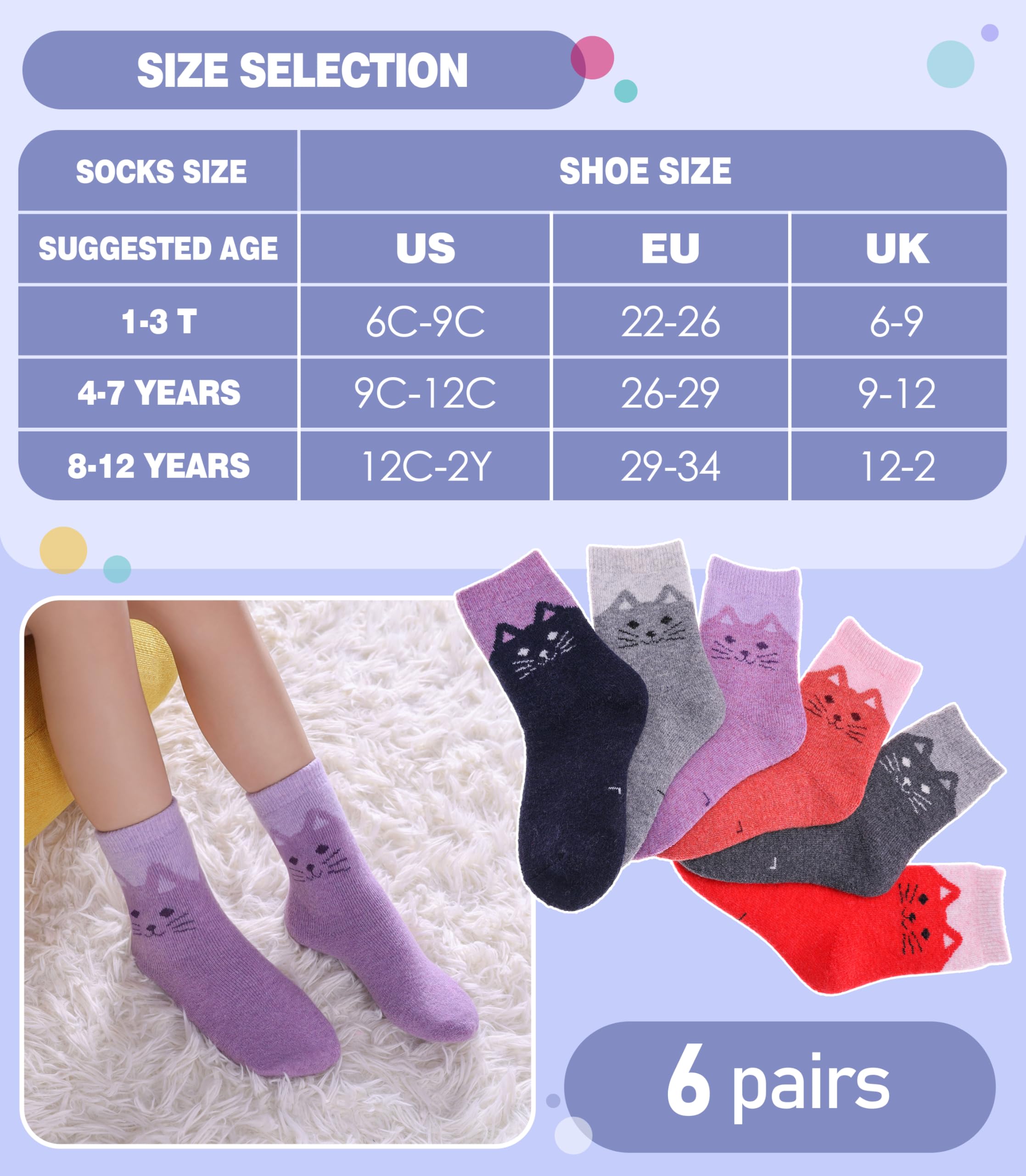 MQELONG Wool Socks for Kids Boys Girls Winter Warm Wool Hiking Thick Boot Cozy Crew Socks 6 Pairs (6 Pairs Cat, 4-7 Years)
